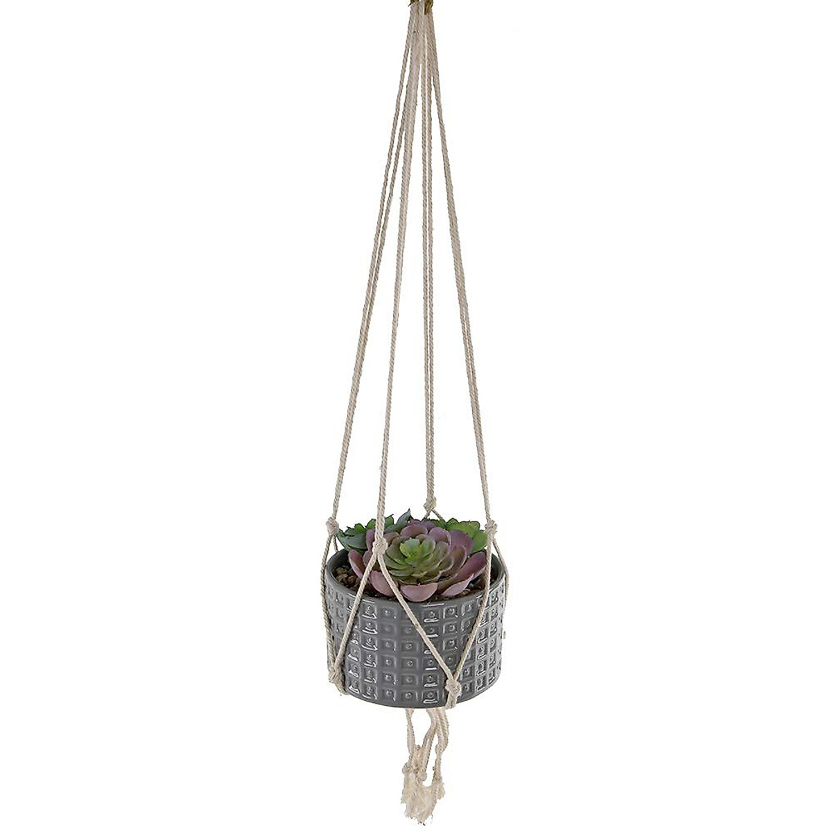 Flora Bunda Mid Century Artificial Plants 4.5" Artificial Succulent Garden Macrame Grey Hanging Ceramic Planter