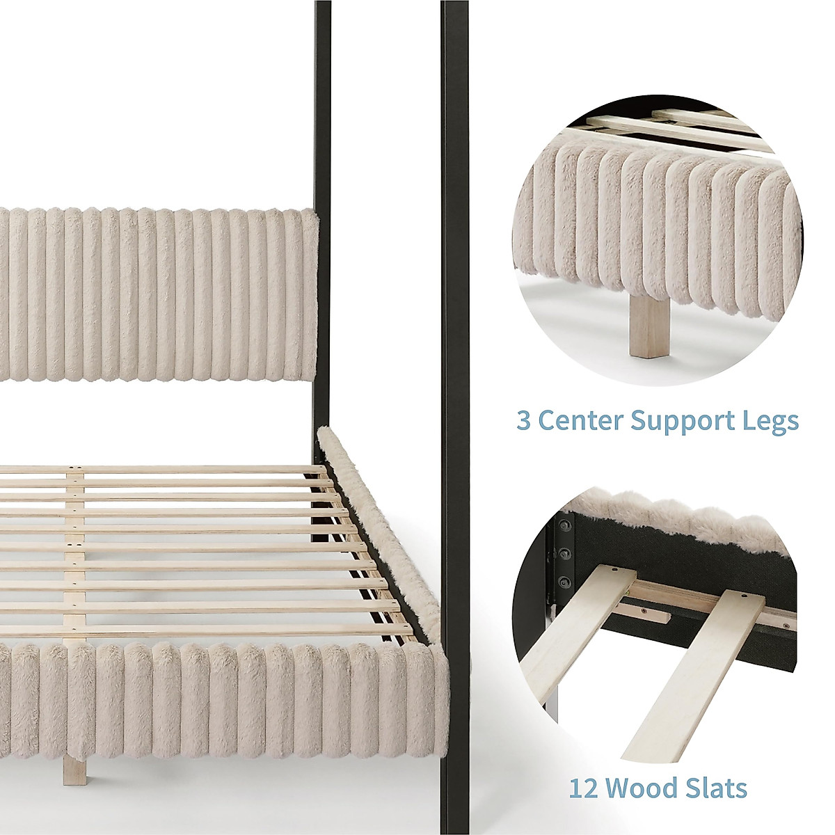 HOMES: Inside + Out Evadne Modern Canopy Bed Frame Queen Size with Channel Upholstered Headboard and Wooden Slats Support for Bedroom, Guest Room, No Box Spring Needed, Light Brown