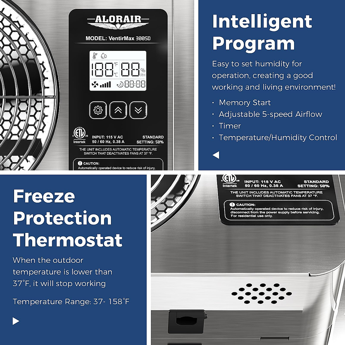 ALORAIR 300 CFM Crawlspace Ventilator Fan with Humidistat, Stainless Steel Exhaust Vent Fans with Digital Display, Timing Cycle, Freeze Protection Thermostat, for Basement, Garage, Attic, Grow Tent