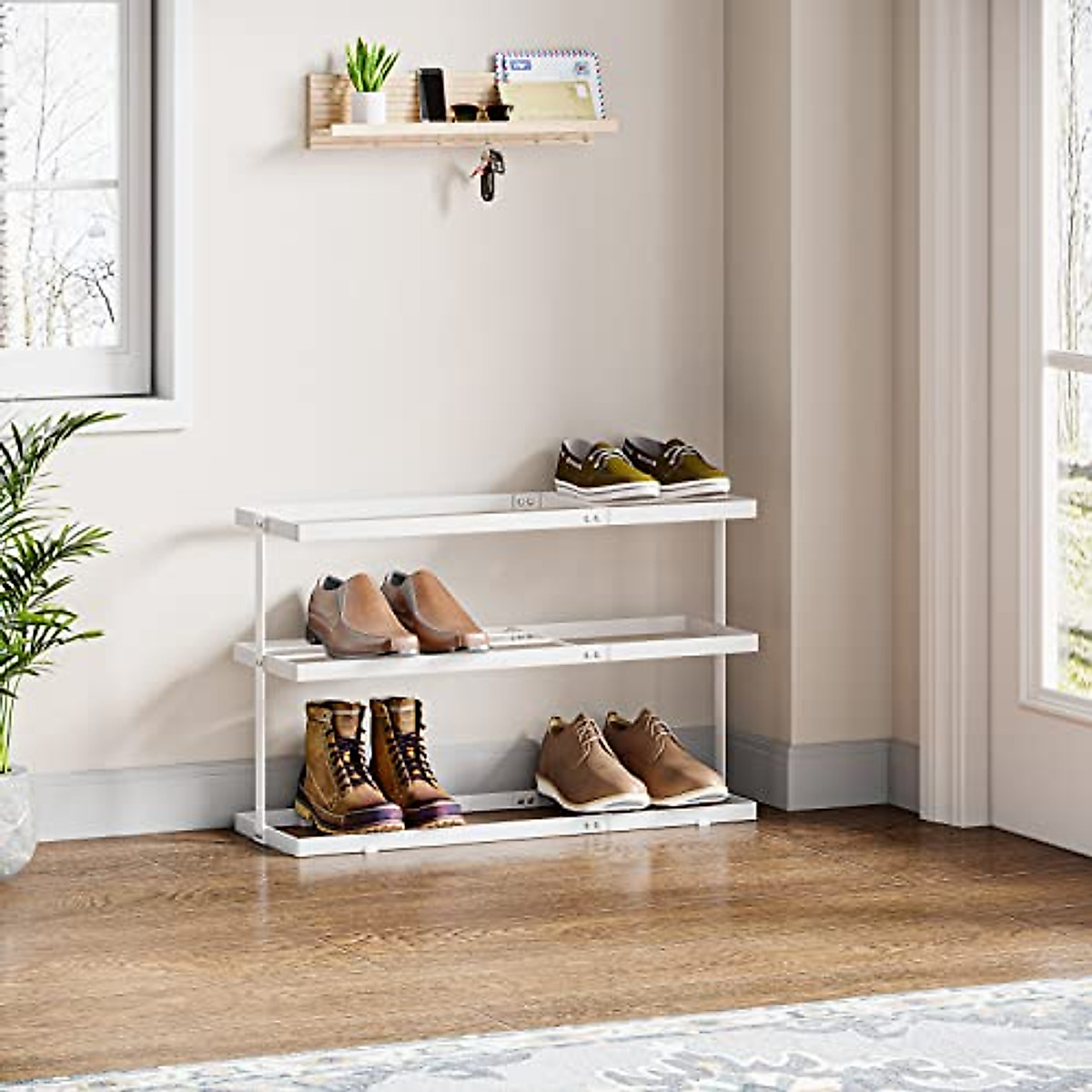 White Metal Shoe Rack for Closets, 3 Tiers Space Saving Shoe Shelf for 6 Pairs, Modern Free Standing Shoe Stand