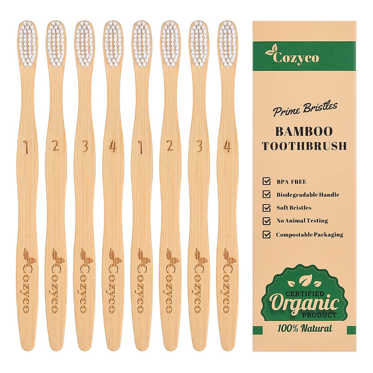 Cozyco Natural Bamboo Toothbrushes, Compostable and Biodegradable Wooden Toothbrush with Soft Nylon Bristles for Sensitive Gums, Vegan and Reusable Toothbrush for Adults and Kids (Pack of 8)