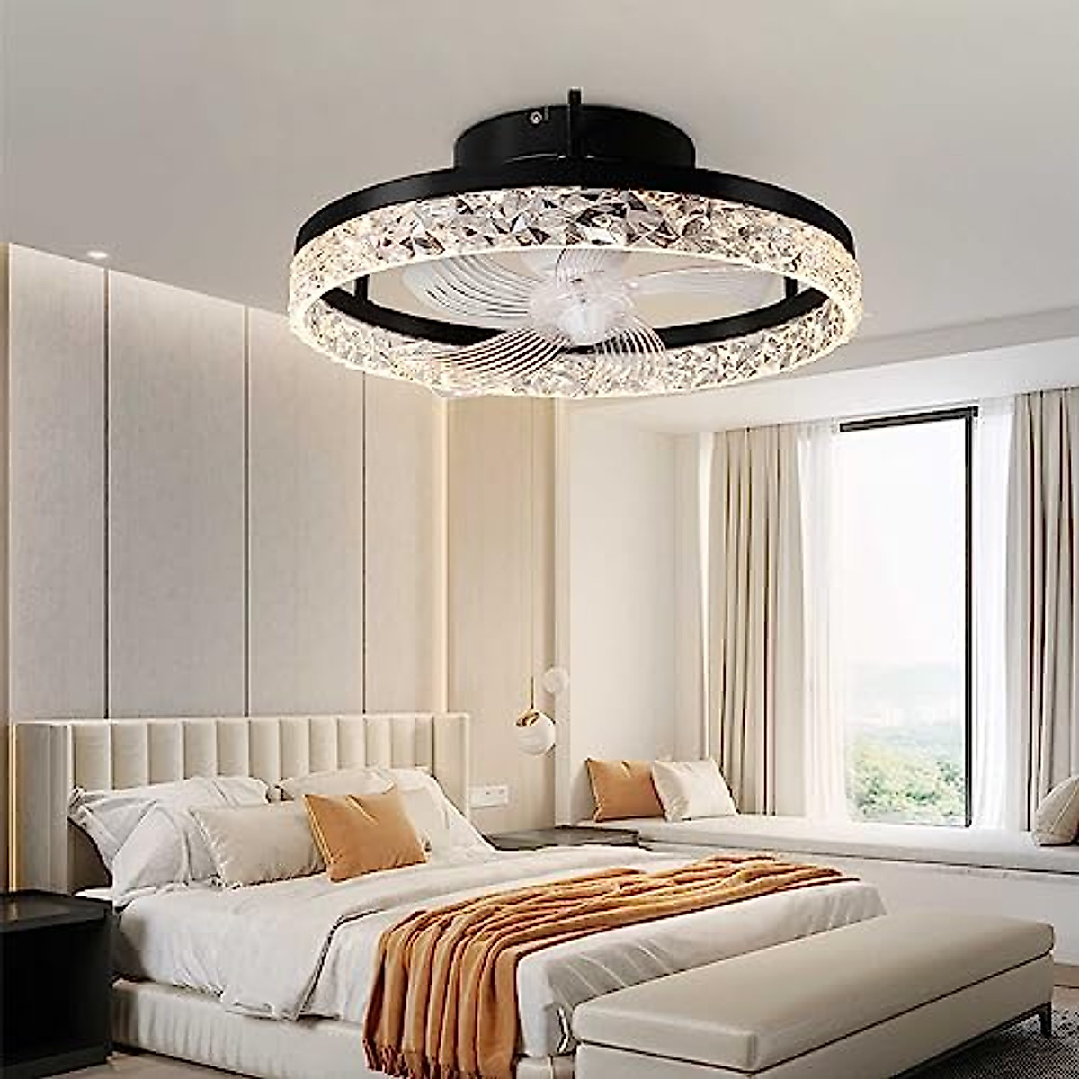 Tivleed Low Profile Ceiling Fan with Lights, 20" Semi Flush LED Fans Light, Remote & Smart APP Control, 360° Rotatable, Modern Crystal, 3 Color Dimmable, 6 Speeds, for Bedroom Living Room, Black