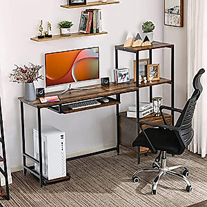 COSTWAY 55.5 Inch Computer Desk, Home Office Desk with Shelves, 2 Drawers, Keyboard Tray & Movable CPU Stand, Study Desk, Writing Workstation, Laptop Table for Small Space, Rustic Brown