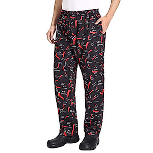 Men's Elastic Baggy Chef's Pants Floral Restaurant Work Pant and Cook Pant Uniform Pepper L