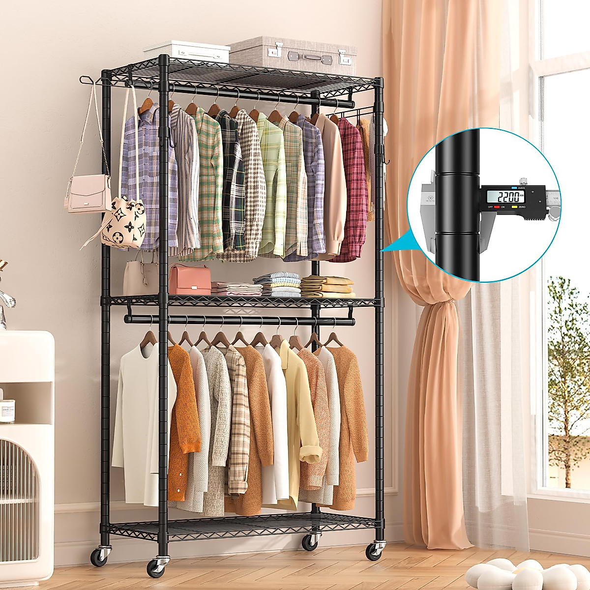 HYSEYY Clothing Racks for Hanging Clothes Load 420 LBS, Heavy Duty Clothes Garment Rack, Rolling Clothes Wardrobe Closet Rack, Metal Freestanding Clothing Rack with Shelves & Wheels, Black
