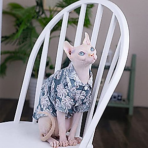 Hairless Cat T-Shirt Breathable Summer Cotton Hawaiian Shirts Short Sleeve Button Closure Turn Down Collar Leaf Print Cat Clothes Vest Apparel for Sphynx, Cornish Rex, Devon Rex, Peterbald (XXL-)