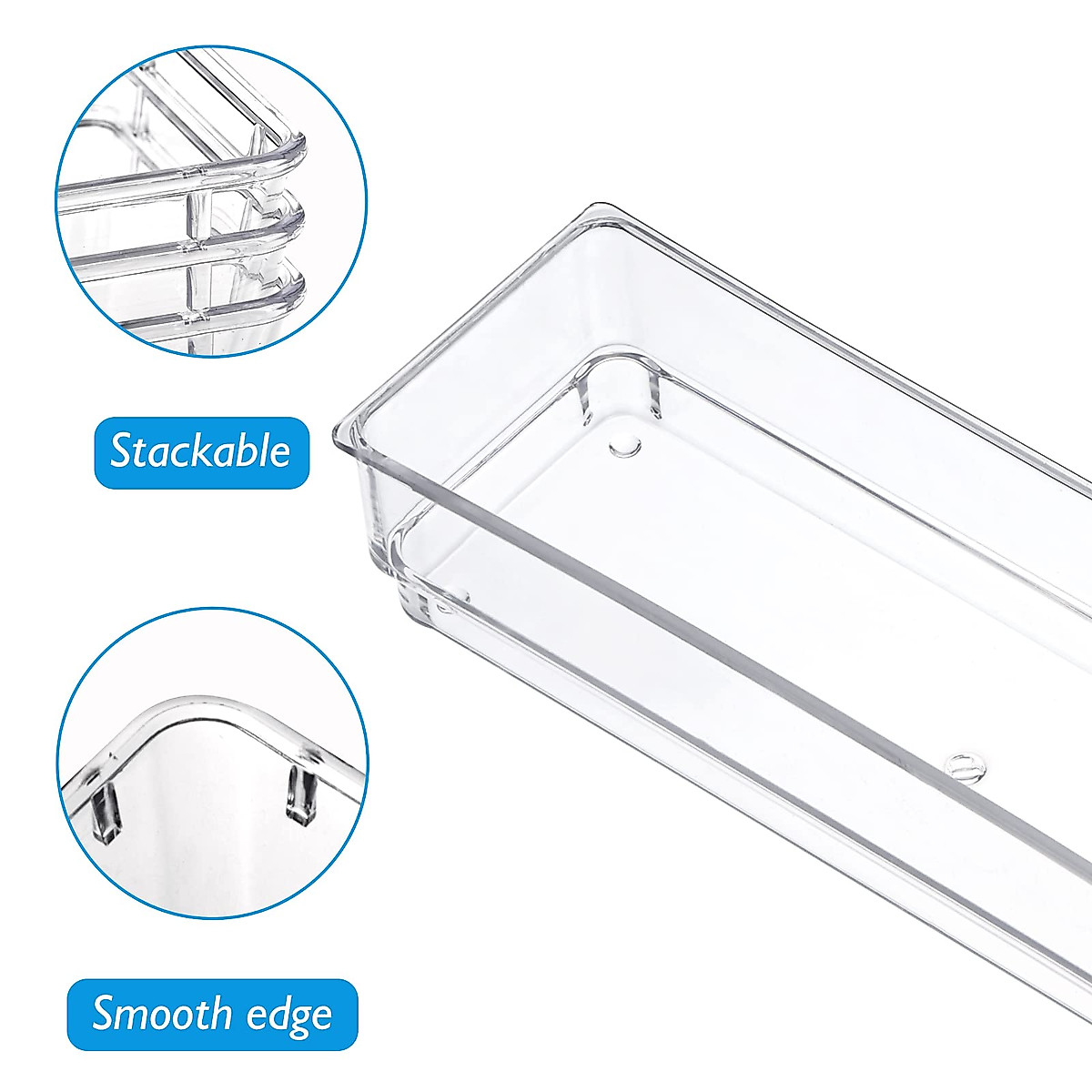 Fixwal Clear Drawer Organizers, 6-Piece 9x3x2 Inches Stackable Plastic Rectangle Trays, Dresser Storage Bins Separation Box for Bathroom, Office, Bedroom