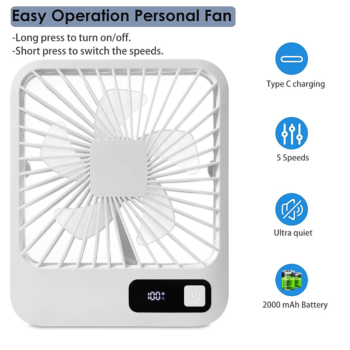 Venanoci LAAAZY Small Desk Fan, Portable USB Rechargeable Fan, Tilt Folding Personal Mini Fan with 2000mAh Battery and LCD Display, Strong Wind, Ultra Quiet, 5 Speed Modes for Office, Home, Camping
