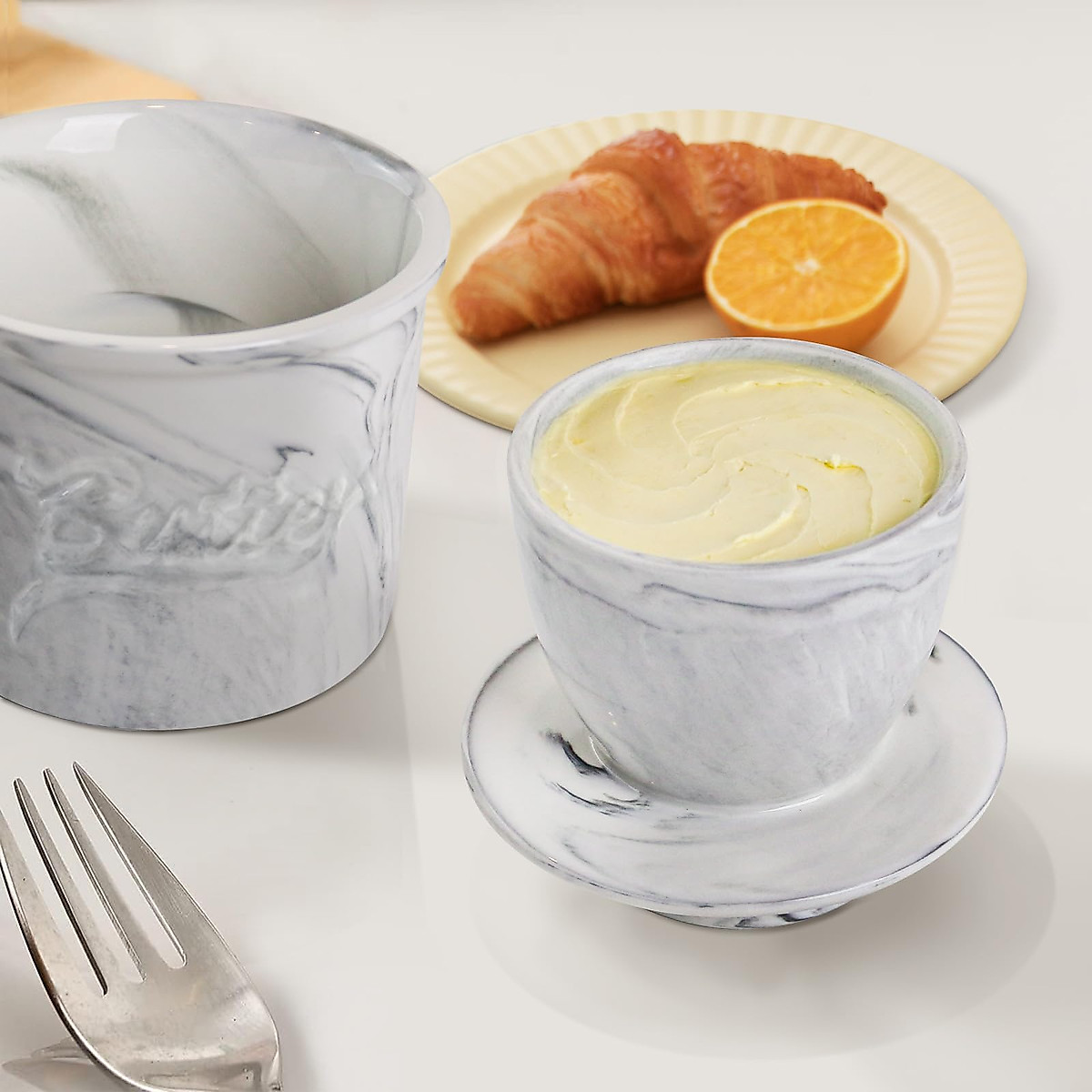 MSJGA Butter Crock for Counter with Water, French Butter Keeper for Spreadable Butter Marble Ceramic Butter Dish with Lid for Countertop, Butter Container Holder