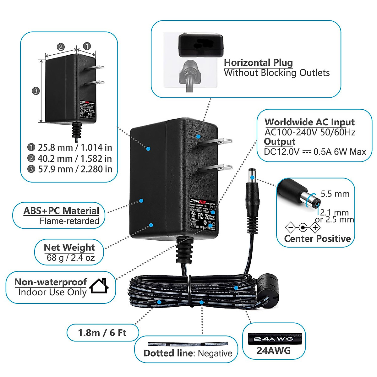 Chanzon 12V 0.5A 6W Power Supply AC DC Switching Adapter, 12 Volt .5a AC/DC Wall Wart Converter Transformer, 100-240v 50 60HZ Input with 12vdc 500ma Output