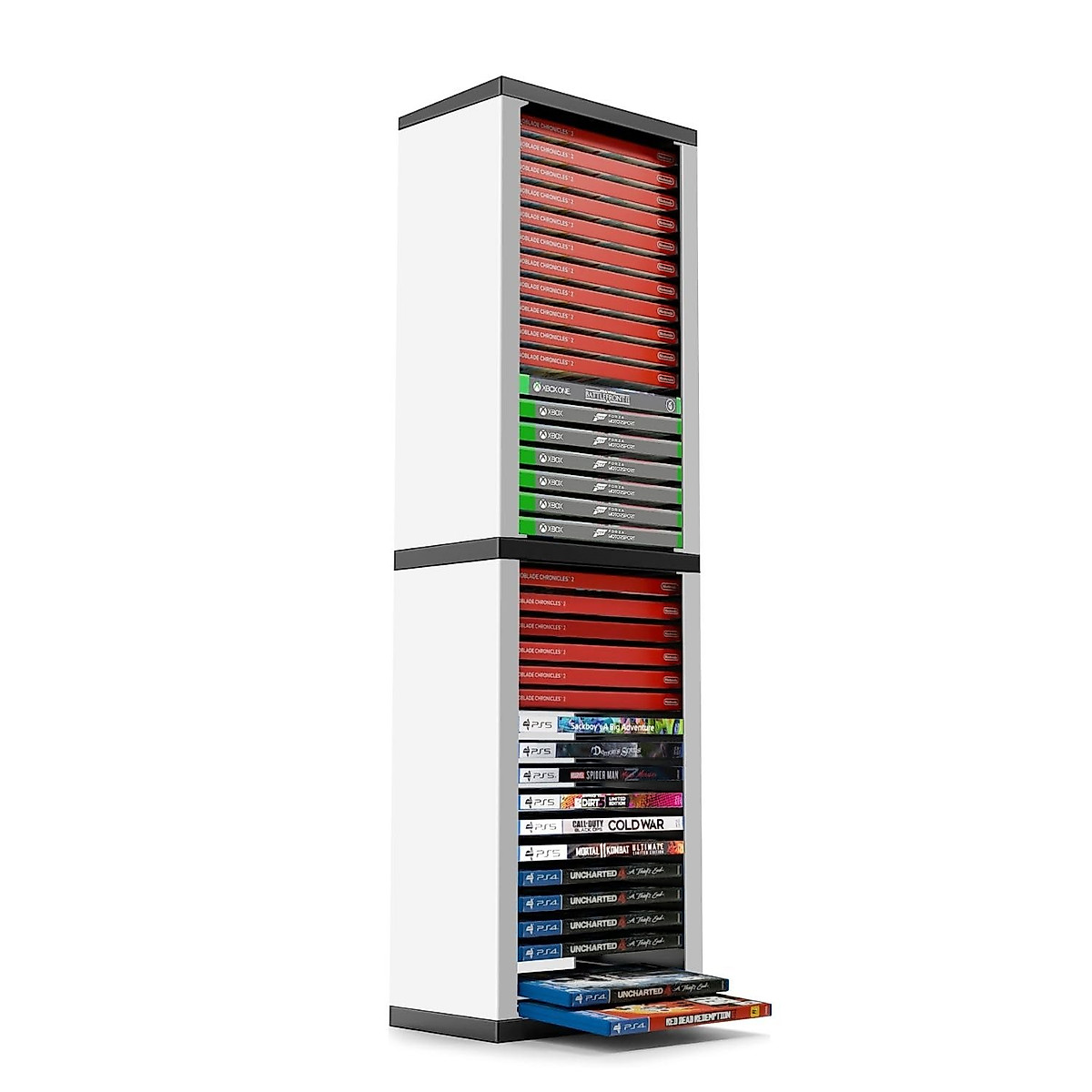 TNP Universal Video Game Storage Tower for PS5, PS4, PS3, Nintendo Switch, Xbox One, Xbox Series S/X - White Video Game Holder Organizer Stand with 36 CD Case Storage for Organizing & Displaying