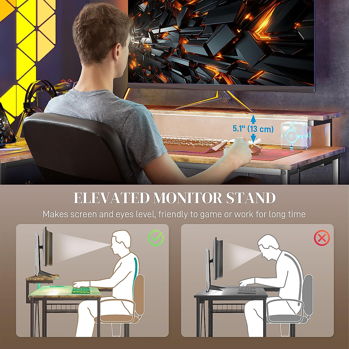 HOMCOM 42" L Shaped Desk with LED Lights, Power Outlet, USB Charging Ports, Reversible L Shaped Computer Desk with Storage Shelves, Monitor Stand, Corner Gaming Desk for Home Office, Rustic Brown