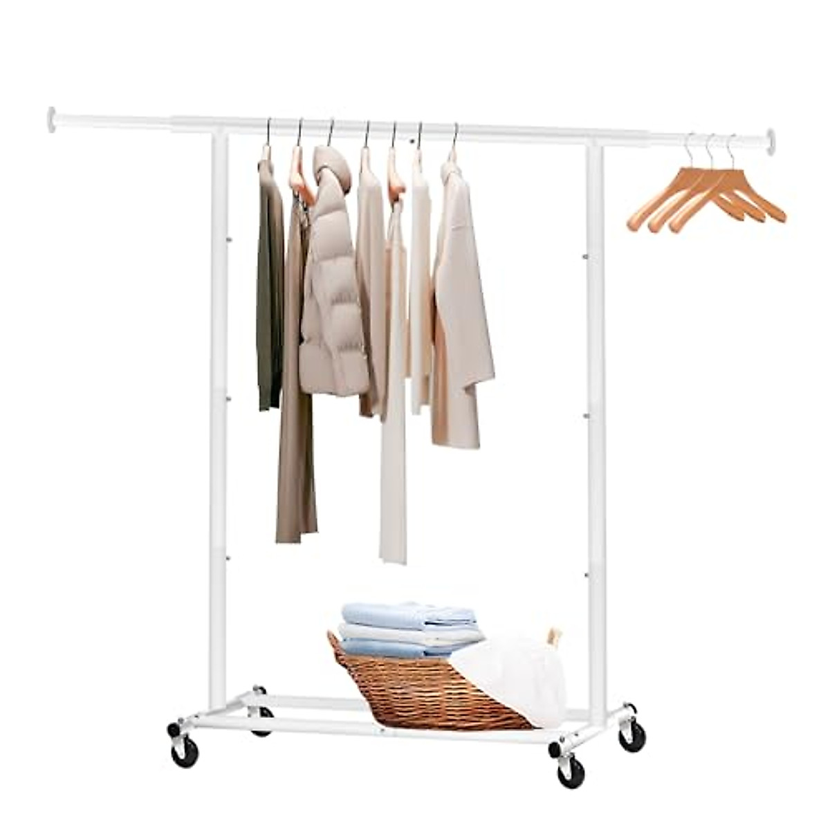 Fishat Freestanding Heavy Duty Metal Clothing Garment Rack Hanging Clothes on Lockable Wheels Mobile for Coats Dresses, Dorm Bedroom Home Balcony, Rolling Organizer Simple Standard Rod Portable, White