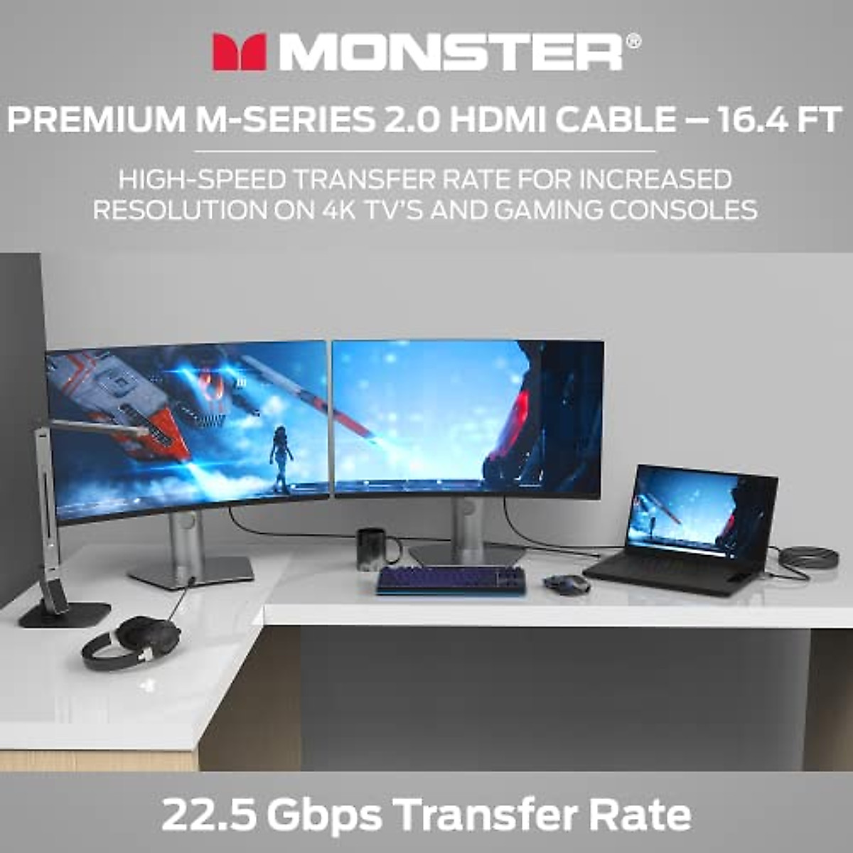 Monster M-Series Certified Premium HDMI Cable 2.0, Features 4K Ultra HD at 60Hz Refresh Rate, Duraflex Jacket, and Triple Layer Shielding, 22.5 Gbps - 16.4 ft