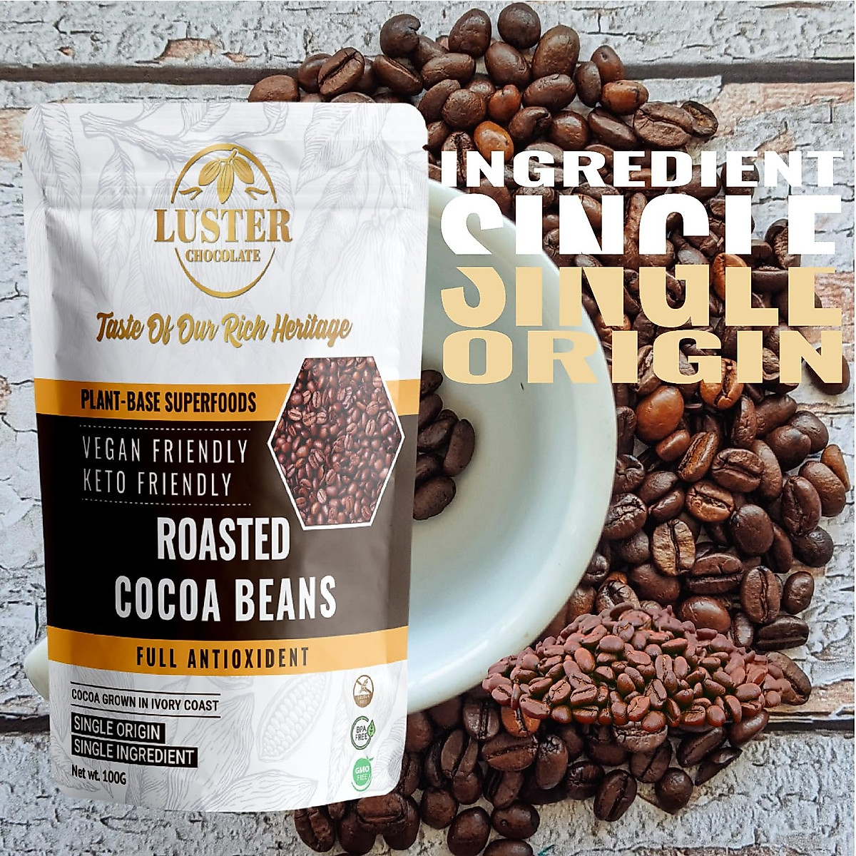 Luster Chocolate Roasted Cocoa Beans 100 g Chocolatey Flavor from Organic Cacao Beans - Non GMO & Gluten Free