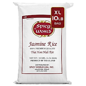 Spicy World Jasmine Rice 10 Pound Bag - Thai Hom Mali Premium Variety ~ By Spicy World