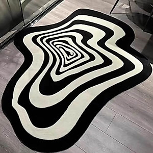 Black and White Abstract Striped Irregular Shape Area Rug 3ft Faux Wool Ultra Soft Rug for Livingroom Bedroom Diningroom Aesthetic Home Office Decor Playroom Carpet