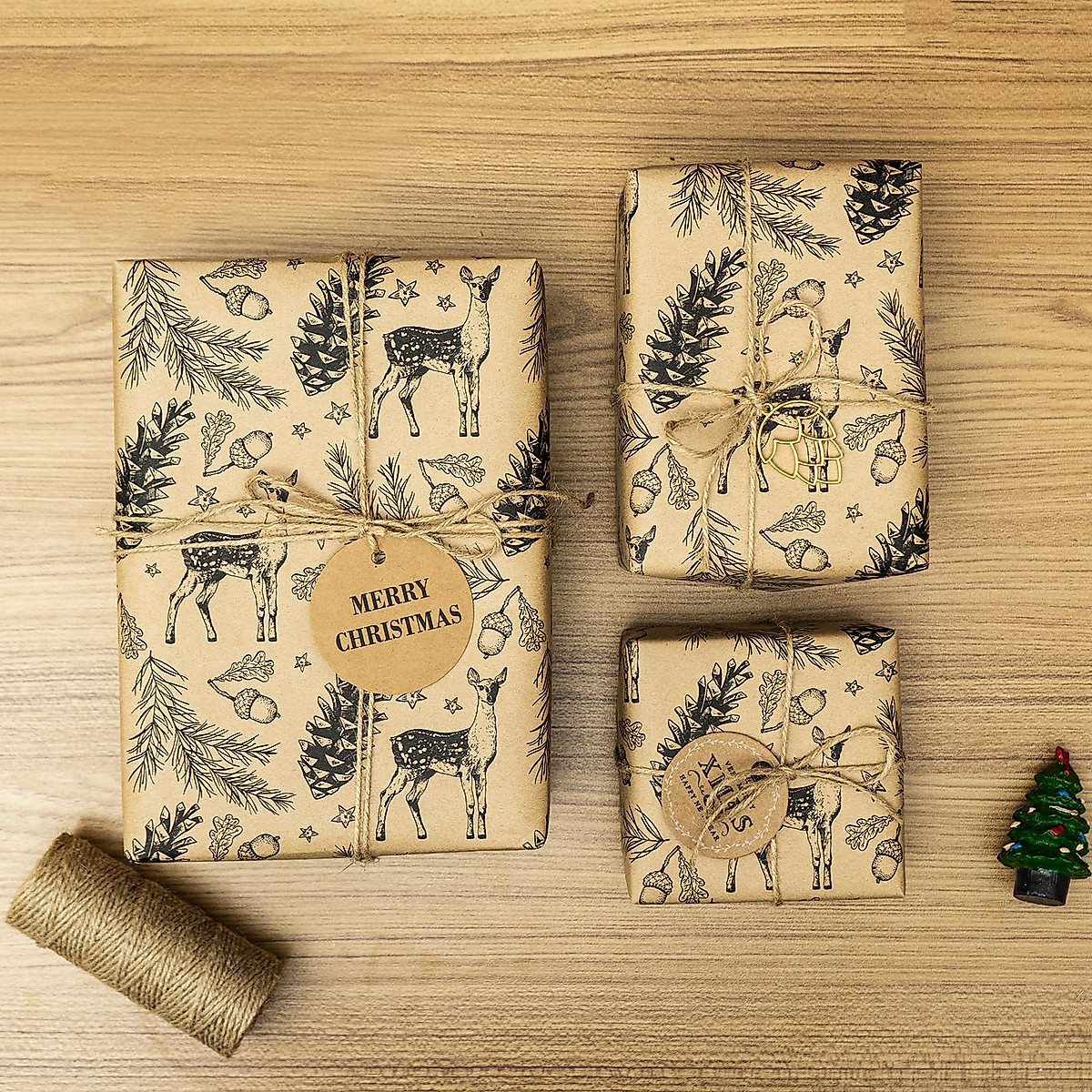 RUSPEPA Kraft Christmas Wrapping Paper Roll - Mini Roll - Black Reindeer Design for Holiday Gift Wrap - 17 Inches X 32.8 Feet