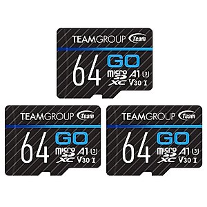 TEAMGROUP GO Card 64GB x 3 Pack Micro SDXC UHS-I U3 V30 4K for GoPro & Drone & Action Cameras High Speed Flash Memory Card with Adapter for Outdoor Sports, 4K Shooting, Nintendo-Switch TGUSDX64GU362