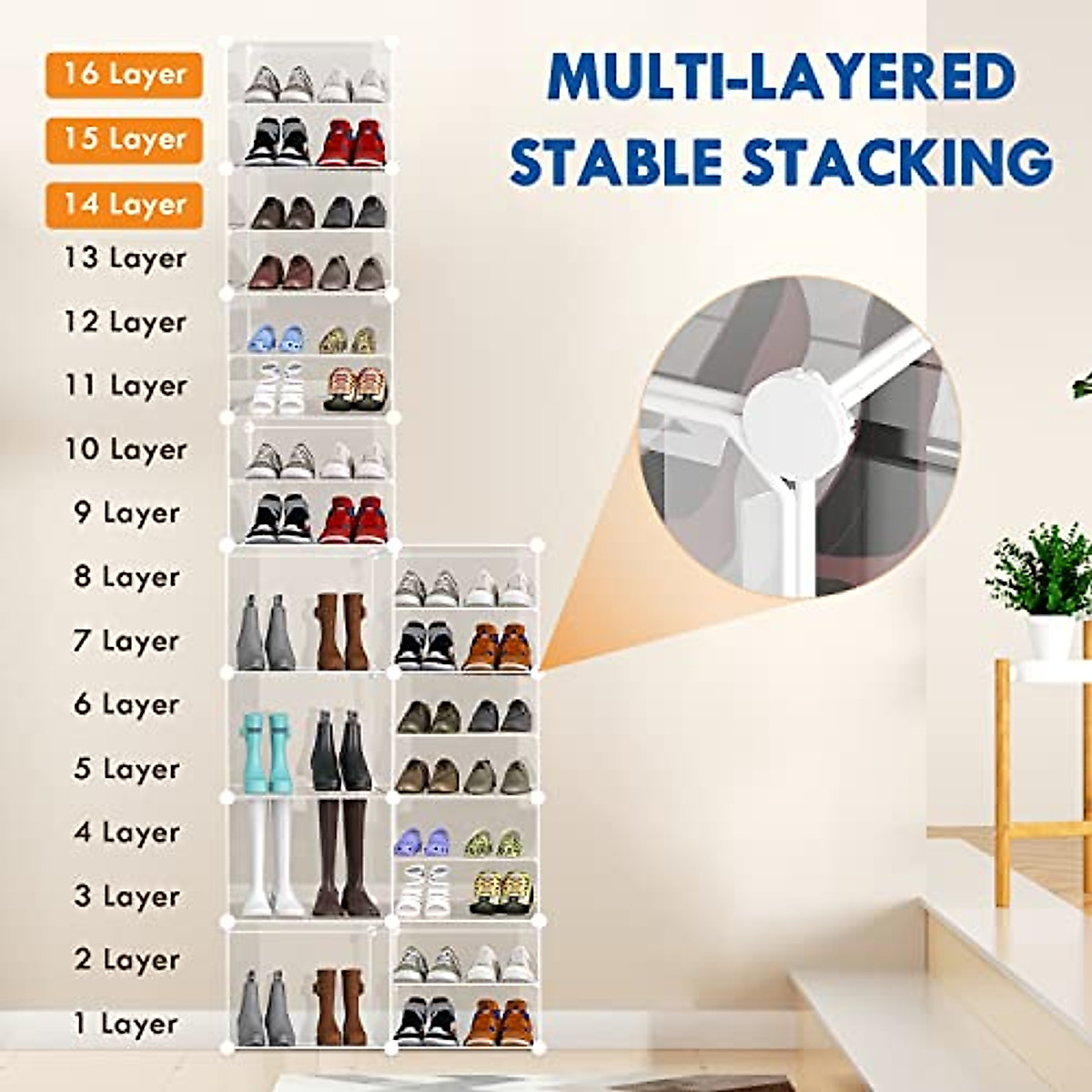 KUSARKO Shoe Rack Organizer, 8 Tier Shoes Storage Cabinet, 24 Pair Clear Plastic Shoe Expandable Organizer for Hallway Bedroom Entryway Heels Boots Sneaker, Stackable Shoe Box