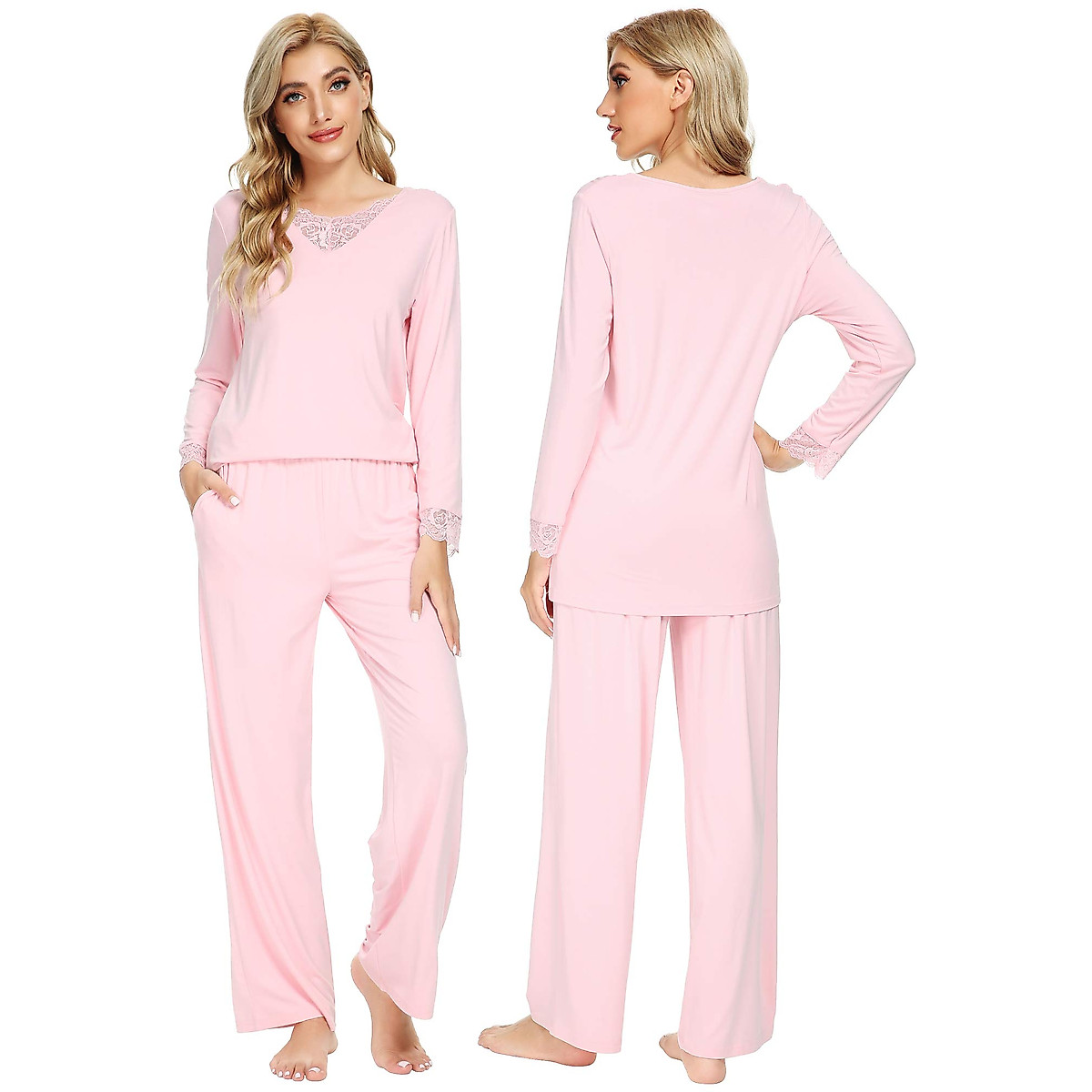 WiWi Viscose from Bamboo Pajamas Sets for Women Long Sleeve Sleepwear Soft V Neck Top with Pants Plus Size Pjs S-4X, Pink, X-Large