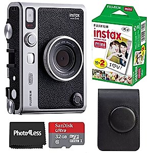 Fujifilm Instax Mini EVO Hybrid Black Instant Camera | Instax Mini Twin Pack Instant Film | 32GB microSD Card with Adapter | Black Camera Case
