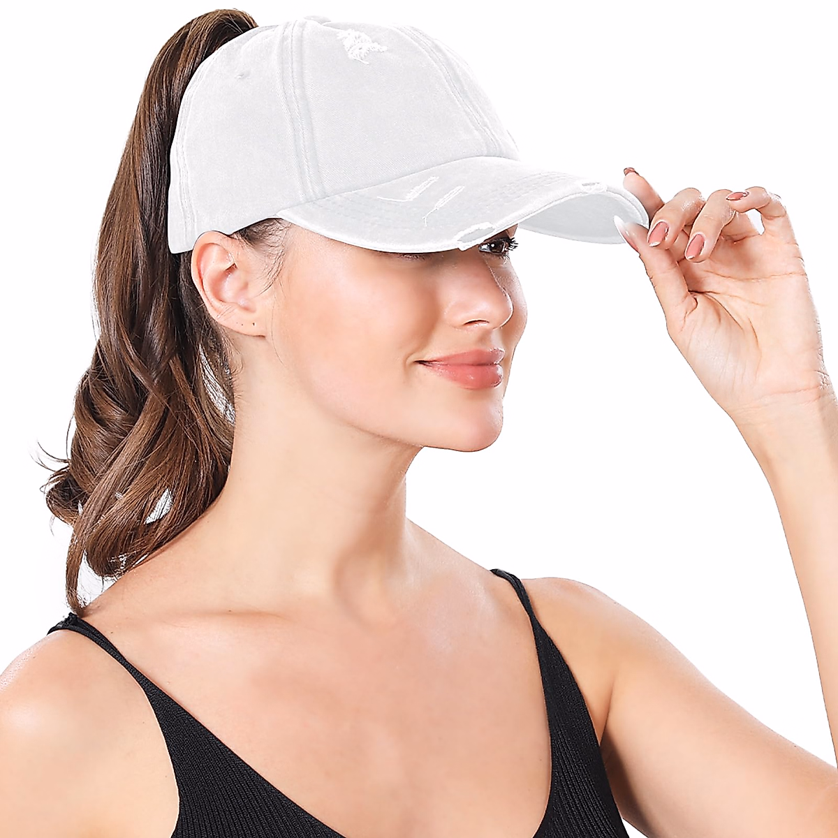 Mwfus Women Criss Cross Ponytail Baseball Cap High Messy Buns Ponycaps Vintage Washed Adjustable Trucker Cap White