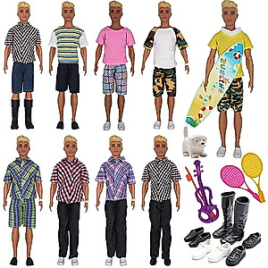 EuTengHao 25Pcs Doll Clothes and Accessories for 12 Inch Boy Dolls Includes 16 Different Wear Clothes Shirt Jeans Pants Shoes for 12'' Boyfriend Doll with Dog,2 Tennis Racket,Violin and Surfboard