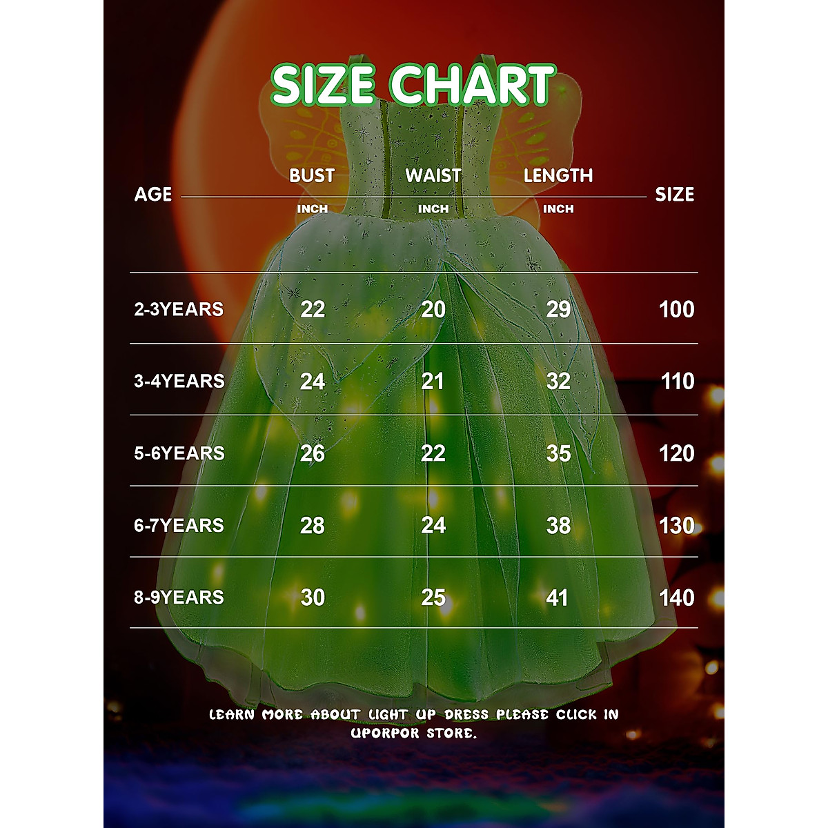 UPORPOR Light Up Fairy Costumes Girls Halloween Dress Kids Dressing Up Clothes Birthday Party Fancy led Costume, with Wing Green, 110