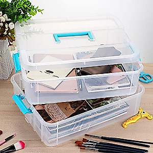 JUXYES 2-Tiers Stack Carry Storage Box With Handle, Transparent Stackable Storage Bin With Handle Lid Latching Storage Container for School & Office Supplies (Blue)