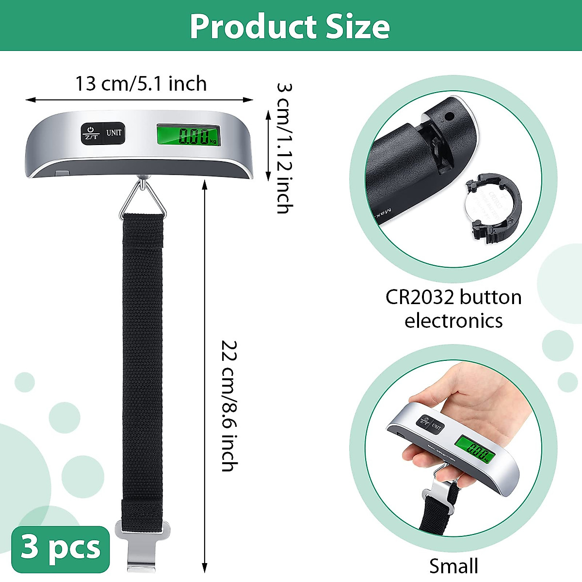 Weewooday 3 Pieces Digital Travel Luggage Scale 110 Lbs Hand Held Digital Weight Suitcase Scale Portable Baggage Travel Bag Scale with Hook, Battery Included