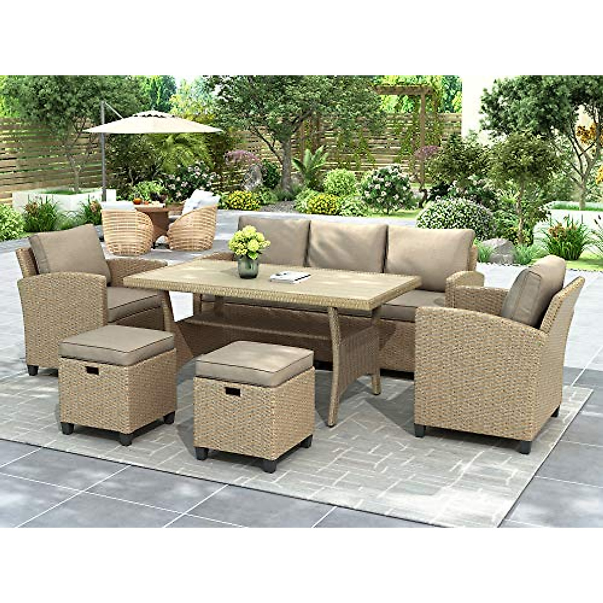 HHOK 6 Pieces Patio Furniture, Outdoor Sectional Sofa PE Rattan Table, Chair and Stools for Porch Lawn Garden Backyard, K-Brown Wicker Conversation Sets