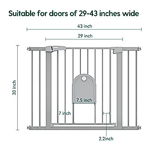 Babelio Auto Close Baby Gate with Small Cat Door, 29-43" Metal Cat Gate for Doorway, Stairs, House, Easy Walk Thru Dog Gate with pet Door, Includes 4 Wall Cups and 3 Extension Pieces, Gray