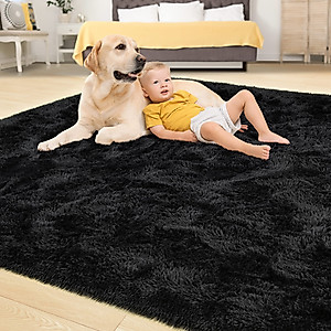 Tepook 7x10 Area Rugs for Living Room, Super Soft Fluffy Rugs for Bedroom, Modern Shaggy Rug Fuzzy Carpets for Kids, Plush Indoor Nursery Home Decor Rug with Non-Slip Bottom, Black