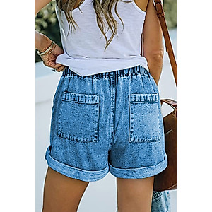 NEYOUQE Womens Comfy Drawstring Ripped Denim Shorts Casual Elastic Waist Pocketed Jeans for Women Funny Rockin Women's Clothes Short Blue Sky Summer hot Jean Denims for Woman y2k high Waisted XL