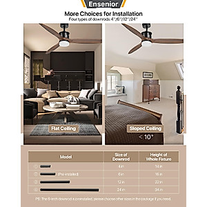 Ensenior 52’’ Wood Ceiling Fan with Light and Remote Control, Reversible and Silent DC motor, Modern Ceiling Fan with Remote for Bedroom, Living Room, 5CCT selectable LED Light, Black (335)