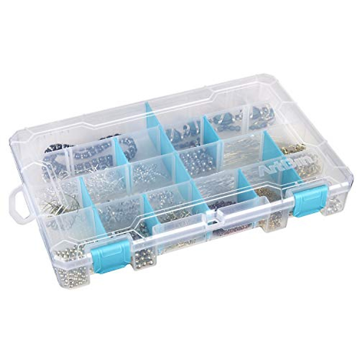 ArtBin 6847AG Medium Anti-Tarnish Box with Removable Dividers, Jewelry & Craft Organizer with Anti-Tarnish Technology, [1] Plastic Storage Case, Clear with Aqua Accents