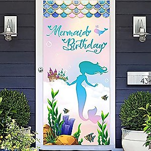Mermaid Happy Birthday Banner Backdrop Background Castle Tropical Fish Scales Under The Sea Theme Decorations Decor for Girls Princess Daughter 1st Birthday Party Baby Shower Flag Supplies Favors