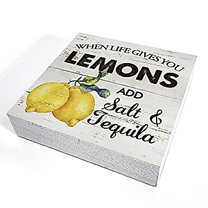 When Life Gives You Lemons Wooden Box Sign Desk Decor Rustic Lemon Wood Block Plaque Box Sign for Home Living Room Office Shelf Table Decoration (5 X 5 Inch)
