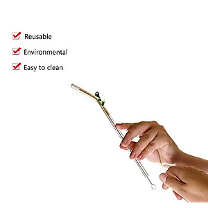 3pcs Reusable Glass Straws Green Turtle on Clear Bent Straw 8 in x 9 mm With Cleaning Brush, Perfect for Smoothies, Cocktails
