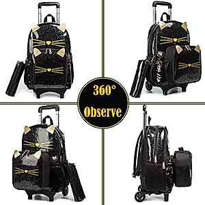 Egchescebo School Bags Kids Rolling Backpack for Girls Luggage Suitcase With Wheels Trolley Wheeled Backpacks for Girls Travel Bags 3PCS Girls Cat Backpack With Lunch for kids Black Bags