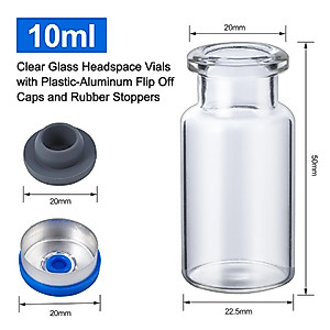 200 Pack 10ml Glass Vials, Clear Glass Headspace Vials with Plastic-Aluminum Flip Off Caps and Rubber Stoppers, 20mm Transparent Flat Bottom Lab Vial