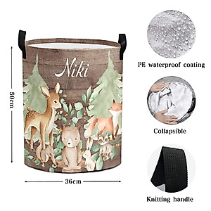 Woodland Forest Animals Round Storage Basket Personalized Name Laundry Basket Waterproof Nursery Hamper with Handle for Living Room Bedroom and Clothes