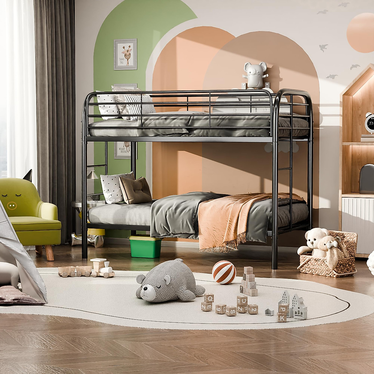 Aobabo Metal Bunk Bed Twin Over Twin Size, Heavy Duty Bed with Safety Guard Rails and Space-Saving Design, Steel Bed for School, Bedroom, Assembly Required, Black