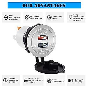 BlueFire Upgraded Aluminum Alloy Fast Charging 3.0 USB Charger Socket IP66 Waterproof Dual USB Power Outlet with QC 3.0 USB Port & 5V 2.4A Port Led Light for Car Boat Marine Rv Motorcycle (Silver)