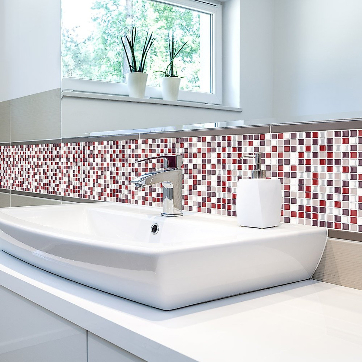 FARONZE Kitchen Mosaic Wall Tiles Peel and Stick Self-Adhesive DIY Backsplash Stick-on Vinyl Wall Tiles for Kitchen and Bathroom 12" X 12" Each, 4 Sheets Pack (Burgundy)