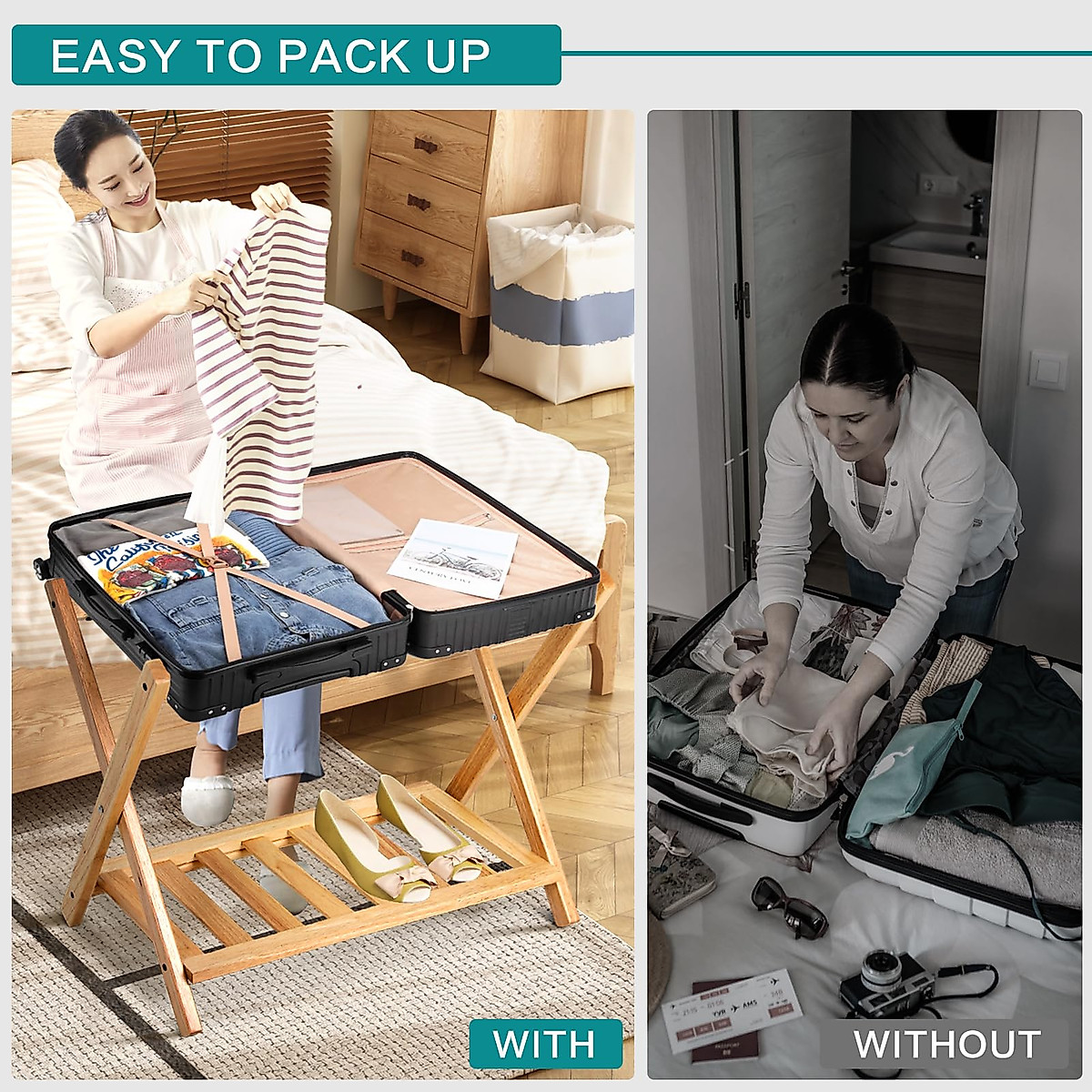 Babion Folding Luggage Racks with Shelf, Wooden Suitcase Stand, 2 Tier Foldable Luggage Racks with Heavy Duty Nylon Belts, Suitcase Bag Holder for Bedroom Guest Room, 4 Pack