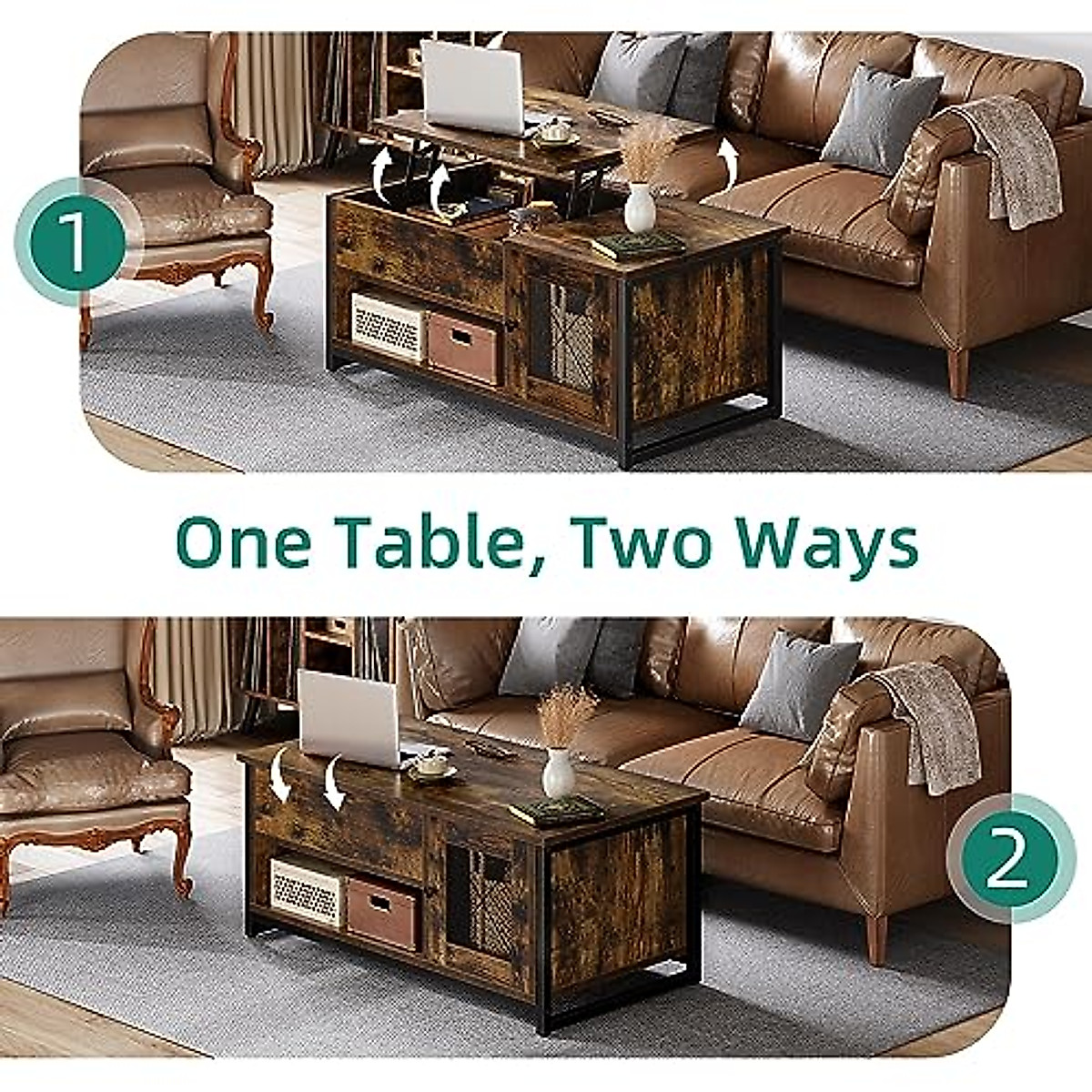 YITAHOME Lift Top Coffee Table, Coffee Table for Living Room,Wood Coffee Table with Storage,Hidden Compartment and Double Metal Mesh Door Cabinet,Rustic Brown