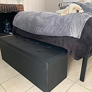 KEYWORD FAMILY 43 in Folding Leather Storage Ottoman Bench, Rectangular Black Footrest， Foam Pouf Tray Footstool with Storage, for Living Room, Bedroom& Hallway