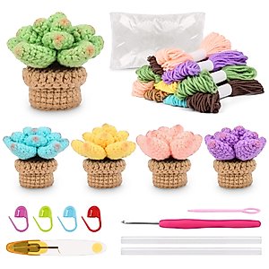 BlumWay Crochet Kit for Beginners, 5 Pcs Succulents Crochet Starter Kit, Beginner Crochet Kit for Adults, Crocheting Beginners Knitting Kit with Step-by-Step Teaching Video